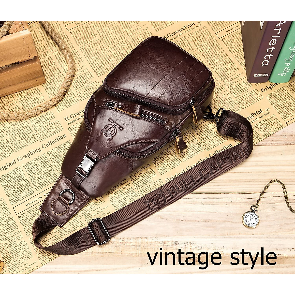 BULLCAPTAIN Men Genuine Leather Sling Bag Backpack Multi-pocket Chest Bag Outdoor Hiking Travel Daypack (Coffee)