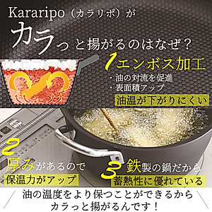 Ernest A-77360 Tempura Pot, 3-Piece Set, Made in Tsubamesanjo, Amy/Lid), Embossed, Iron Frying Pot, Easy to Clean, Mini, 7.1 inches (18 cm), Deep Type (Gas/Induction Compatible), Black