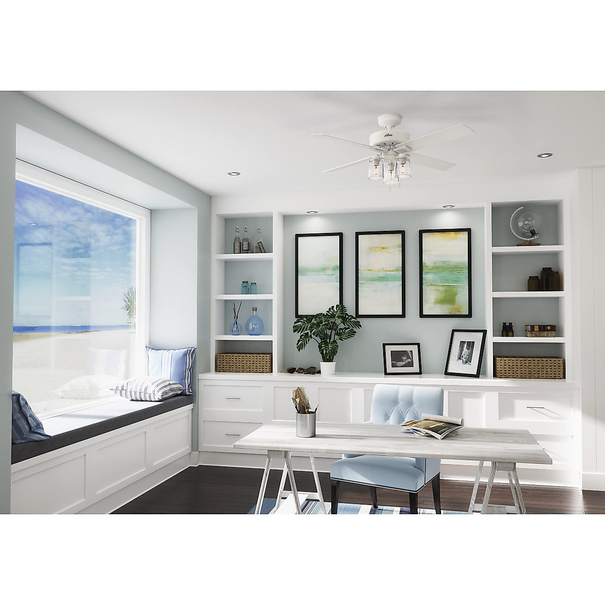 Hunter Pelston Indoor Ceiling Fan with LED Light and Pull Chain, 52", Matte White