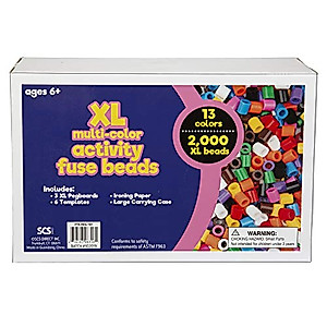 2,000 Piece XL Giant Biggie Fuse Bead Kit- Immediate Shipping, 3 XL Pegboards, 13 Colors, 6 Unique Templates,Melt Ironing Paper and Case- Works with Perler, Pixel Art Craft Project, Kids Holiday Party