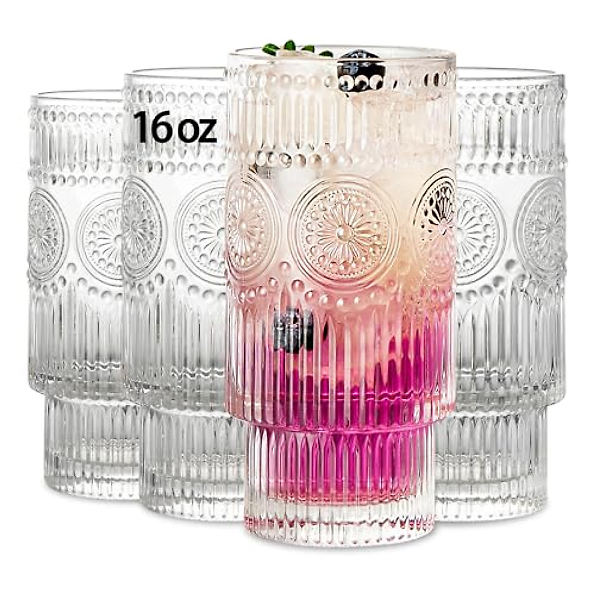 SoulTimes 4 Pack Large 16oz Ribbed Glassware Set, Flower Design Stackable Glass Cups, Vintage Textured Clear Striped Drinking Glasses Set, for Bar Beverages,Juice,Water,Cocktail,Iced Coffee