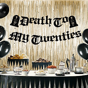 Ushinemi Pre-Strung Goth Death to My 20s Decorations, NO DIY Glitter 30th Birthday Party Banner, Funeral for My Youth Rip Twenties Party Decor