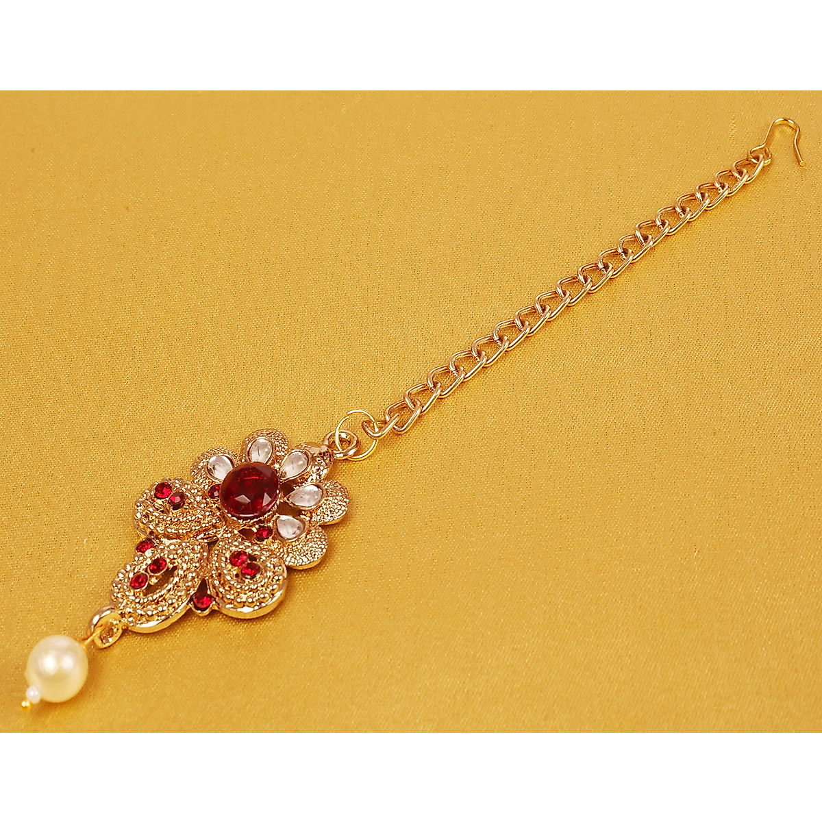 Touchstone NEW Indian Bollywood Traditional Floral Paisley Mughal Kundan Look Faux Ruby Designer Jewelry Mangtika Head Accessory in Antique Gold Tone. for Women.