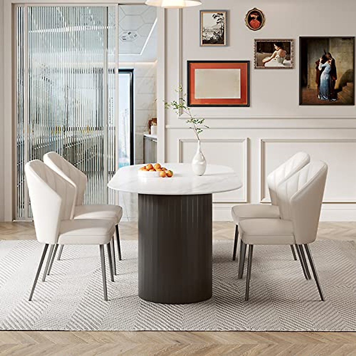 LITFAD Modern Dining Room Table Dinner Kitchen Table Oval Double Pedestal Dining Table Slate Top Restaurant Table - 63" L x 35.4" W x 29.5" H, Table Only(Not Including Chairs)
