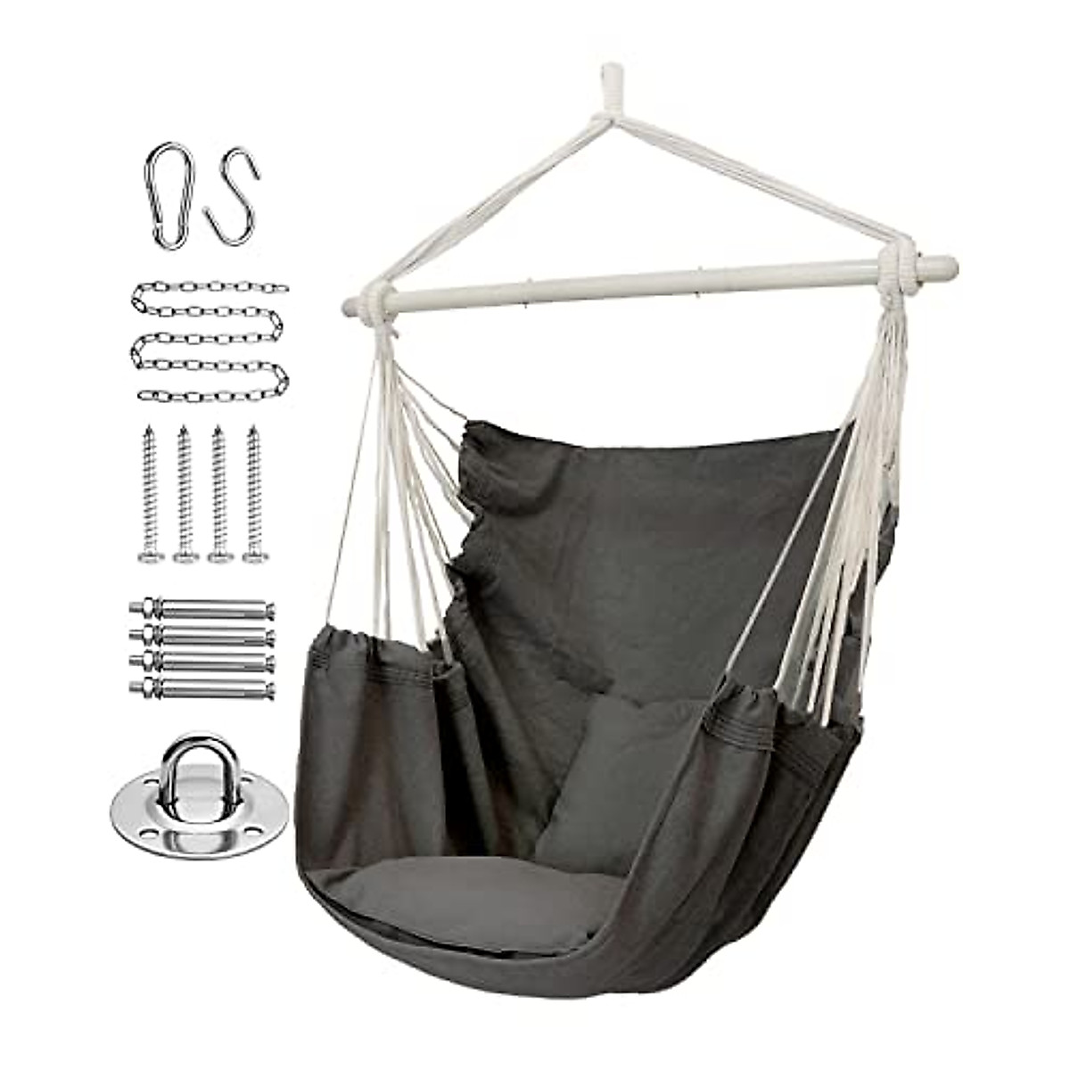 Miztli Hammock Chair Hanging Chair Swing for Bedroom with Anti-Slip Steel Spreader Bar, Max 500 Lbs, All The Hanging Hardwares Included, Best for Indoor Outdoor, 2 Cushions