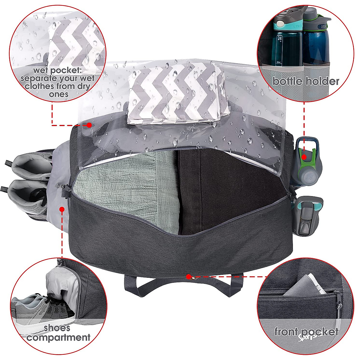 Sports Gym Bag with Wet Pocket & Shoes Compartment, Travel Duffel Bag for Men and Women Lightweight, Dark Gray