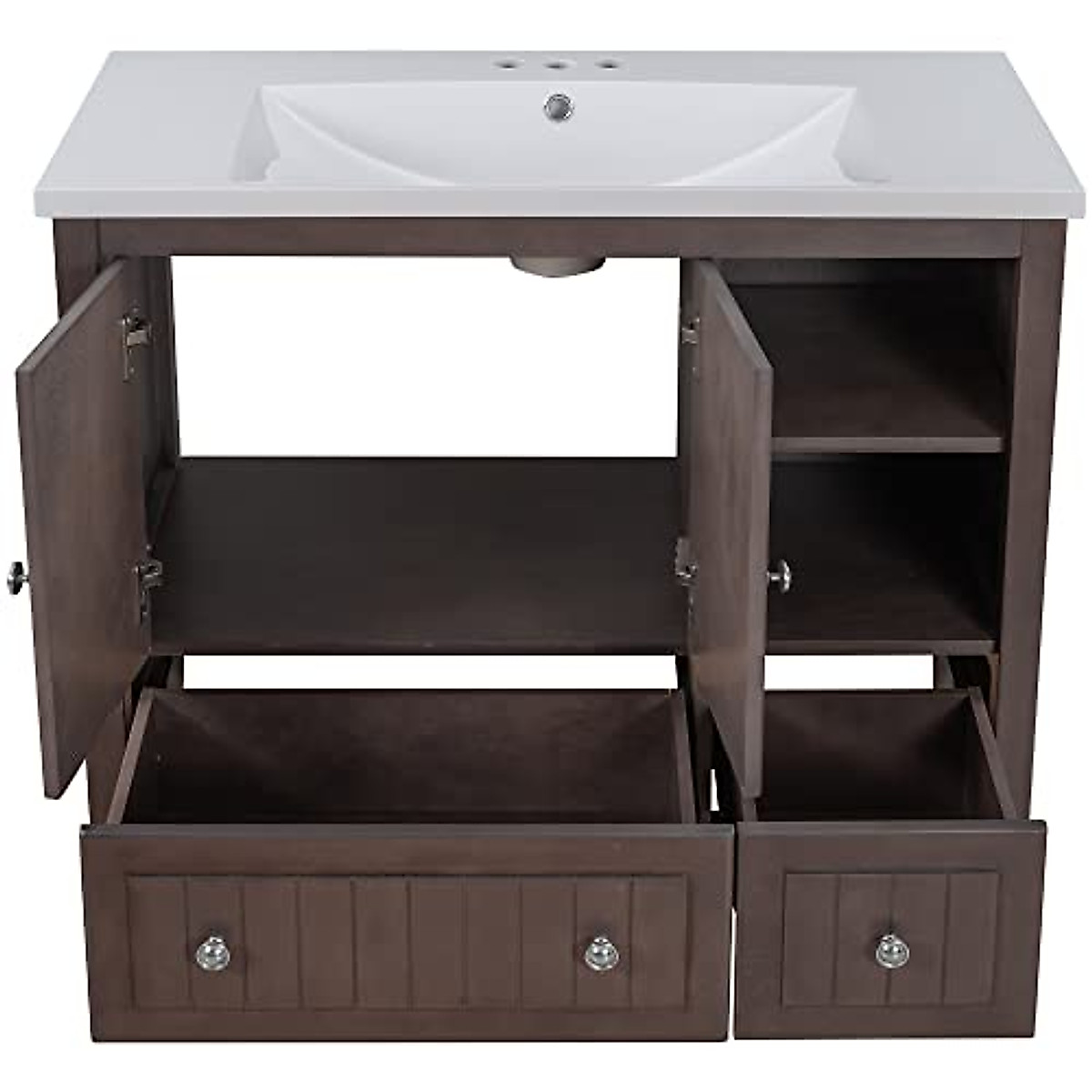 Lifeand, Integrated Combo with White Built-in Ceramic Top & Modern Base Cabinet 36" Bathroom Vanity with Sink, 36'', Brown
