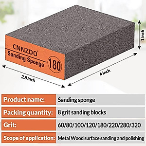 Cnnzdo 8Pcs Sanding Sponge, 60/80/100/120/180/220/280/320 Coarse/Medium/Fine/SuperfineGrit Sanding Block, Sandpaper Sponge Sanding Blocks, Hand Sander Sponges for Drywall,Metal Wood Polish,Brush Pots