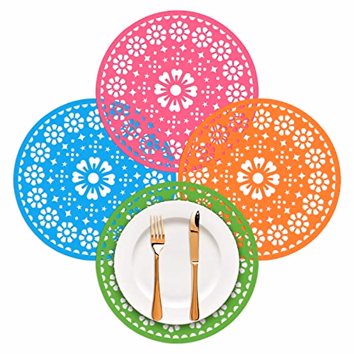 32 Pieces Fiesta Paper Place Mats 14" Mexican Papel Picado Cinco De Mayo Disposable Placemat Round Paper Doilies Cutouts for Mexican Party Supplies Tableware Decoration