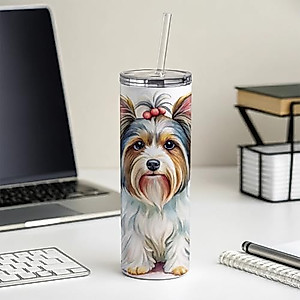 Biewer Terrier Dog Watercolor Style Skinny Tumbler 20oz with Straw Insulated Water Bottle Gift