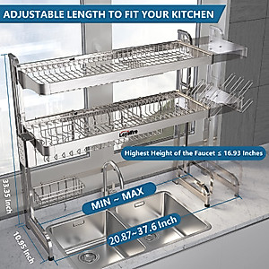 Loyalfire Over Sink Dish Drying Rack, 3 Tier Adjustable Length (20.87''~37.6'') Full Stainless Steel Large Storage Kitchen Dish Rack, Expandable Shelf Rack with Utensil Holder, Cup Hanging Set
