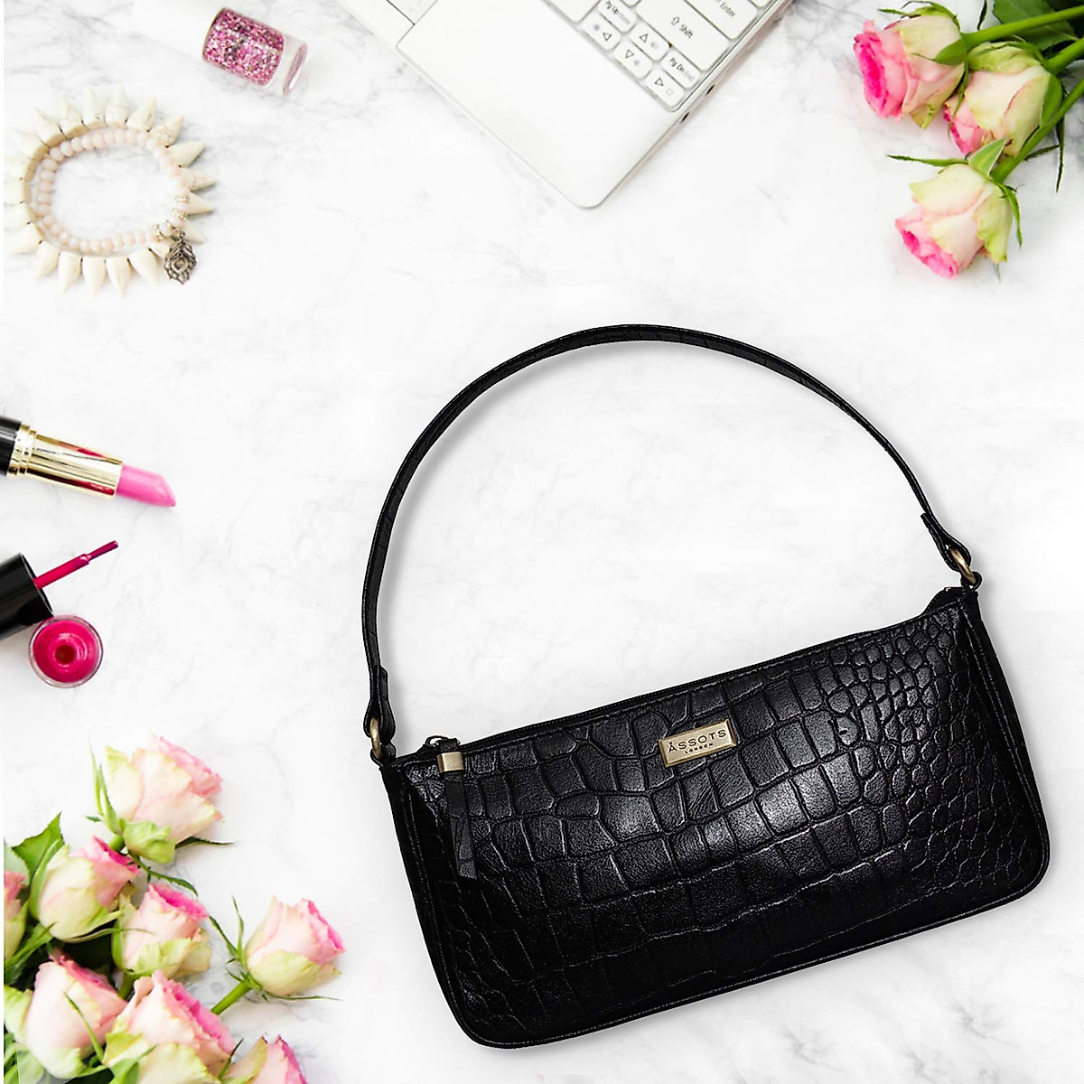 Leather Shoulder Bag for Women - Retro Classic Clutch Real Leather Croc Print Tote Small Purse Handbag with Zipper Closure