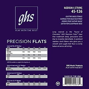 GHS Strings, 5-String Bass Precision Flats, Stainless Steel Flatwound, 37.25" Winding, Medium (45-126) (M3050-5)