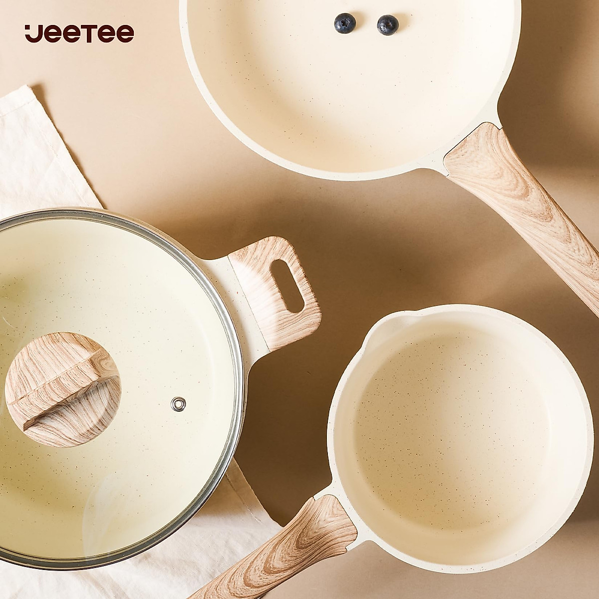 JEETEE 18 Pcs Pots and Pans Set, Pot Sets for Cooking Nonstick, Healthy kitchen Cookware Sets, PFAS and PFOA Free (Beige)