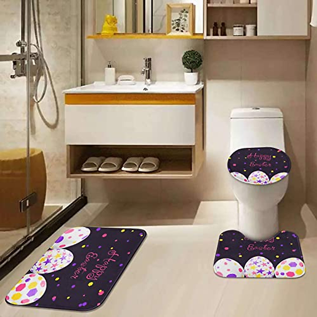 Tayney Easter Eggs Shower Curtain Sets with Toilet Lid Cover and Non-Slip Rugs, Geometric Stars on Background 4 Pcs Shower Curtains for Bathroom, Cute Cartoon Easter Bathroom Decor