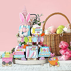 13 Pcs Easter Tiered Tray Decor Set Happy Easter Wooden Sign Gnome Plush Easter Egg Bunny Table Decor for Rustic Farmhouse Home Spring Easter Decorations