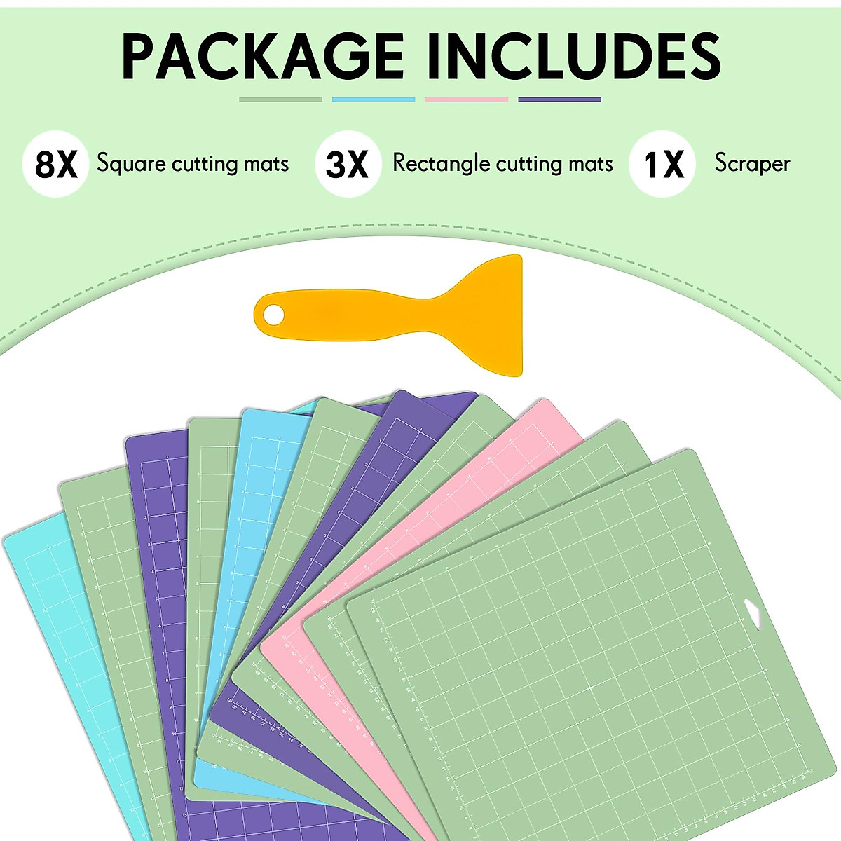 Soaoo 11 Pcs Cutting Mat Variety for Crafts Machine Gridded Quilting Cut Mats Strong Standard Light Adhesive Cutting Mats with Scraper for Arts Accessories (Multicolor,12'' X 12'', 24'' X 12'')