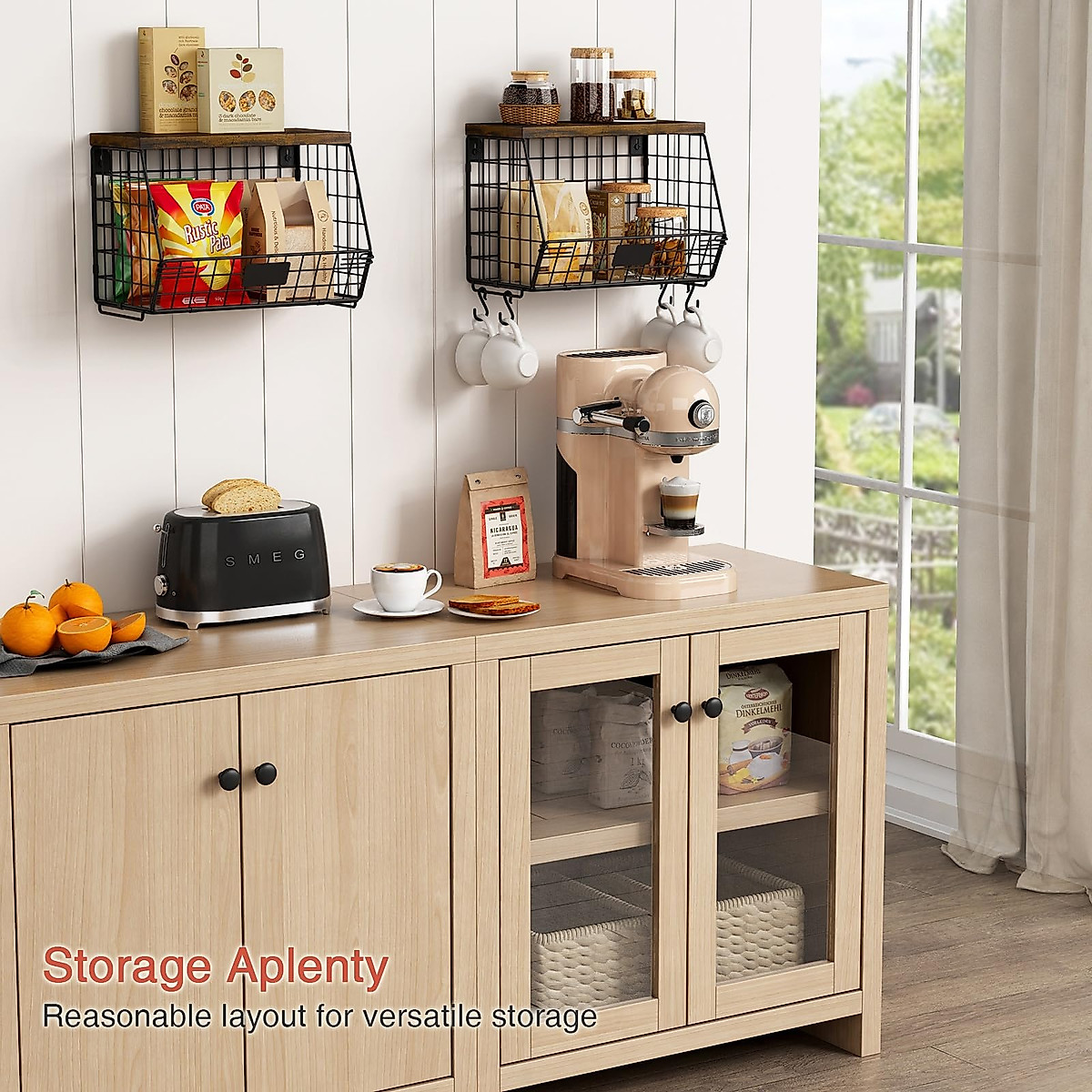 Goozii Hanging Wall Fruit Basket for Kitchen Counter 2 Pack, Stackable Wire Baskets for Organizing with Wood Lid, Potato and Onion Storage Bin with Banana Hook for Vegetable Produce, Black + Rustic