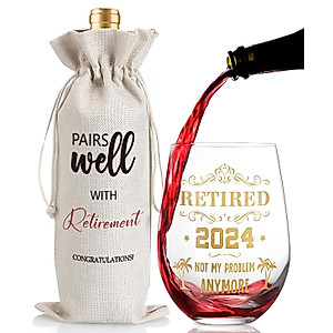 Retirement Gifts for Women Men- Retired 2024 Not My Problem Anymore Happy Retirement Gifts for Her Him Colleague Leader Boss Teacher Friend Nurse Coworker Retirement Wine Glass & Bottle Gift Bag Set