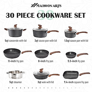MAISON ARTS 30-Piece Pots and Pans Set - Kitchen Cookware & Bakeware Sets with Nonstick Granite Coating, Baking Pans and Frying Pans set