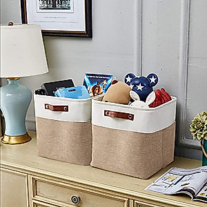 Jossens 11 Inch Fabric Baskets with Leather Handles,Foldable Cubes Storage Bins Set of 4 for Cube Organizer Home Toy Nursery Closet Bedroom(Khaki)