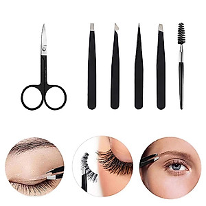 Tweezers for women Pinkiou 6 Pieces Eyebrow Tweezers Set with Curved Scissors,Eyelash Brush,Great Precision tweezer for Eyebrow,Ingrown Hair,Facial Hair Removal,eyebrow kits with Leather Travel Case