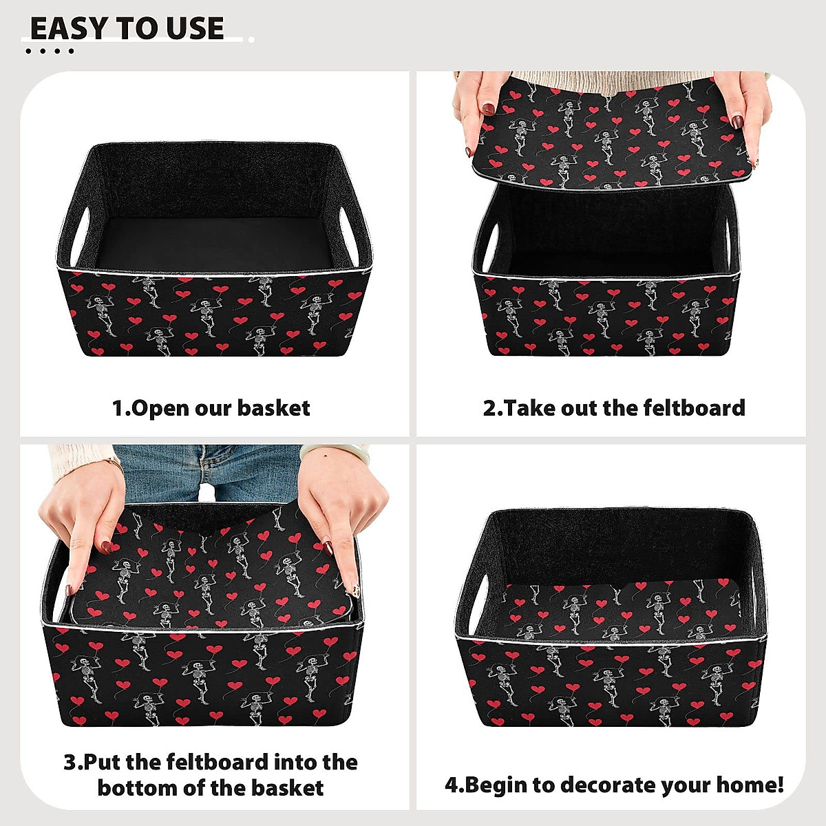 Skeleton Valentine Storage Basket Bins Set (2pcs) Felt Collapsible Storage Bins with Handles Foldable Shelf Drawers Organizers Bins for Nursery Toys,Kids Room,Clothes,Towels,Magazine