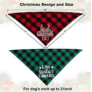 PTDECOR 2 Pack Christmas Dog Bandanas Red Green Plaid Dog Scarf Bibs Kerchief Set Merry Christmas Dog Costume Accessories Bandanas for Small Medium Large Dogs Pets