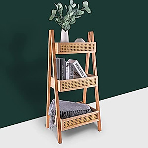 ZYBT Ladder Bookshelf, 3-Tier Rattan Bookshelf, Free Standing Bookcase, Blanket Ladder, Wood Organizer Storage Shelves for Living Room Bedroom Kitchen Bathroom Balcony and Home Office