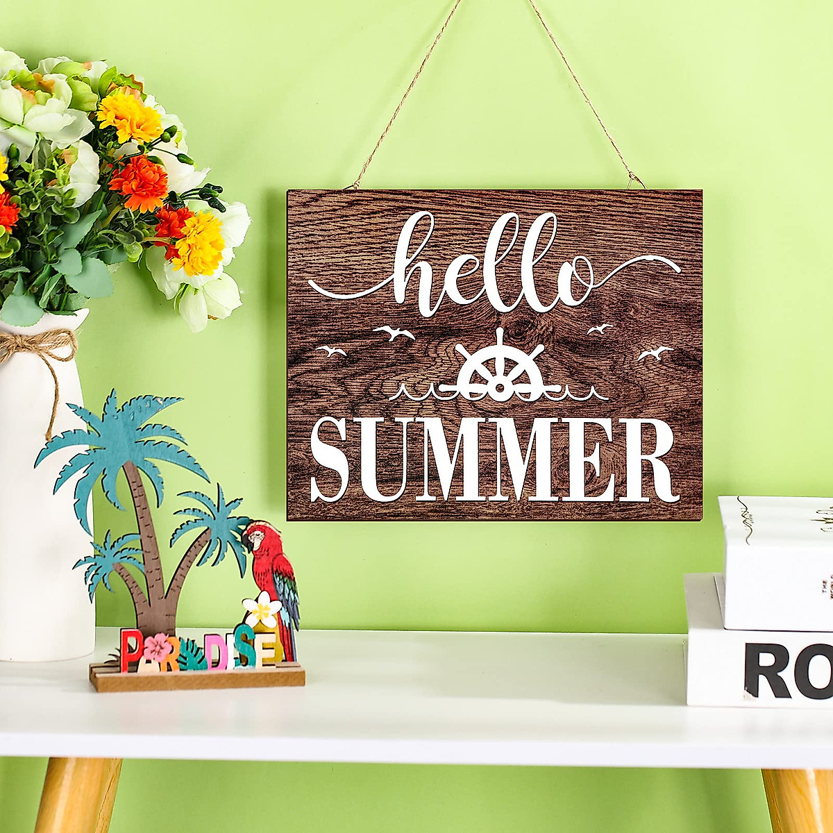 Jetec Hello Summer Wooden Sign Wooden Farmhouse Sign Home Rustic Front Door Decoration Wood Hanging Sign Wall Decor, 9.8 x 7.8 x 0.2 Inch