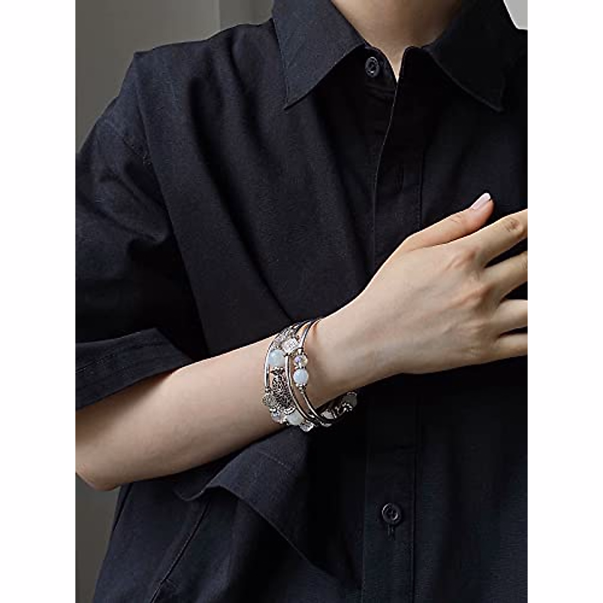 FULU AUTUMN Stackable Beaded Bracelets for Women Boho Wrap Silver Bracelet Layered Fashion Jewelry Gifts for Her(White)