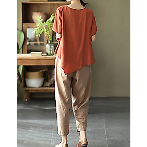 Kangqifen Summer Linen Cotton Casual Crop Pants with Drawstring Elastic Waist Pockets for Women Teen Girl(Khaki,00-0)