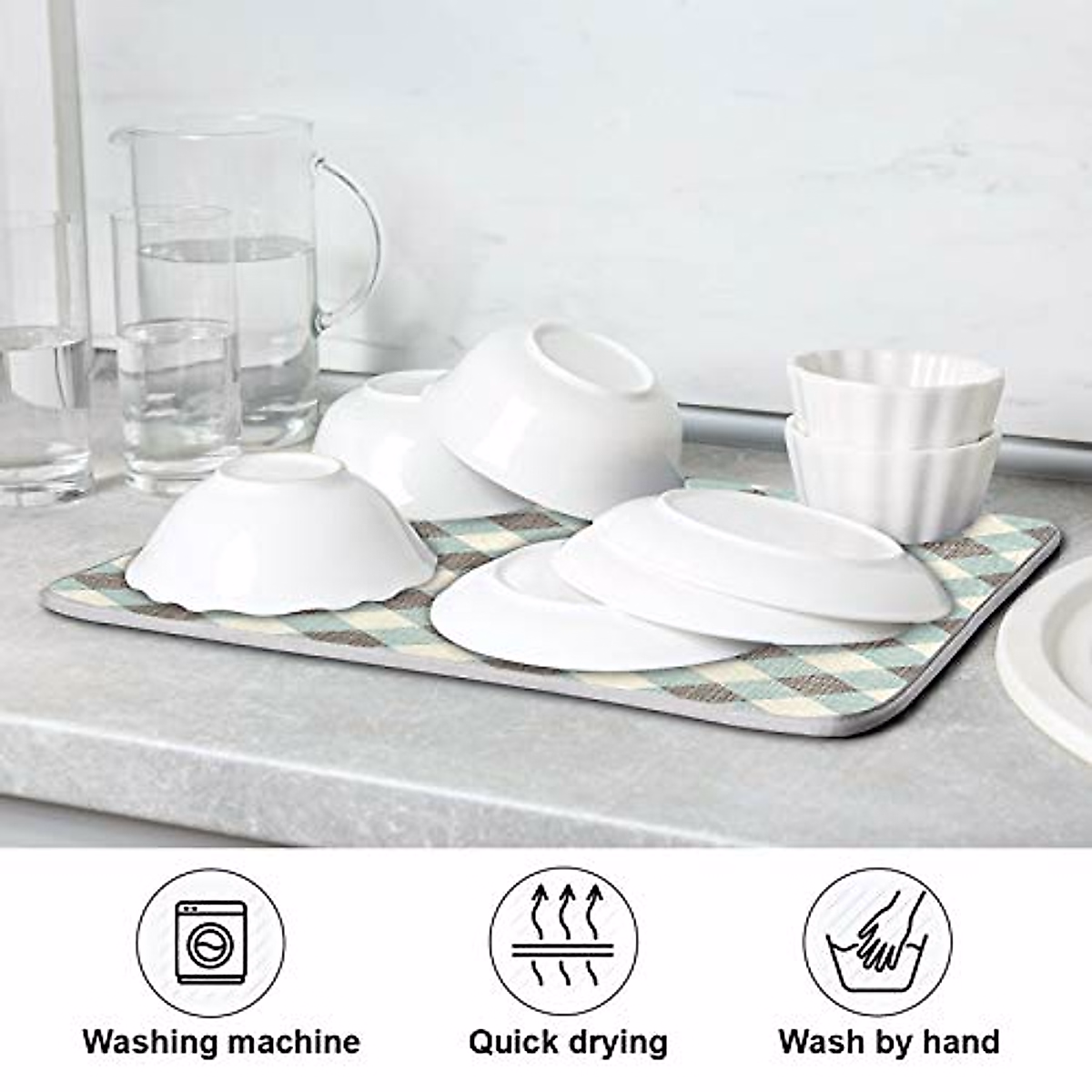 Trellis Grid Pattern Dish Drying Mat 24"x18" Absorbent Machine Washable Hanging Fast Dry Pad Dish Protective Mat for Kitchen Countertop Heat Resistant Dinner Table Mat