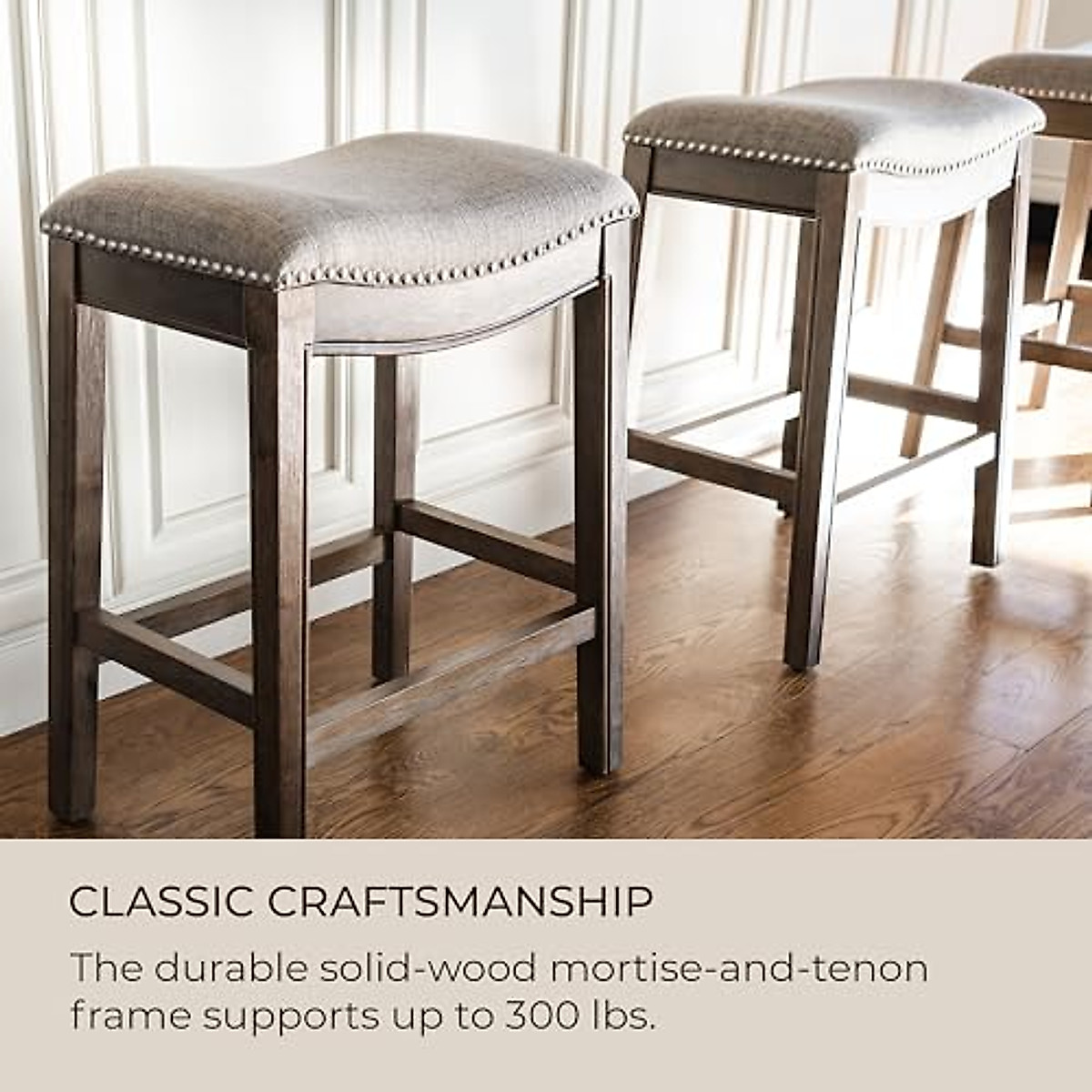 Maven Lane Adrien Backless Saddle Kitchen Counter Stool 25.7" H, Dark Walnut Finish and Stone Grey Performance Fabric, Nail Head Trim Design, Set of 2
