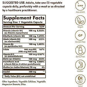 Solgar B-Complex "100", 100 Vegetable Capsules - Heart Health - Nervous System Support - Supports Energy Metabolism - Non GMO, Vegan, Gluten/ Dairy Free, Kosher, Halal - 100 Servings