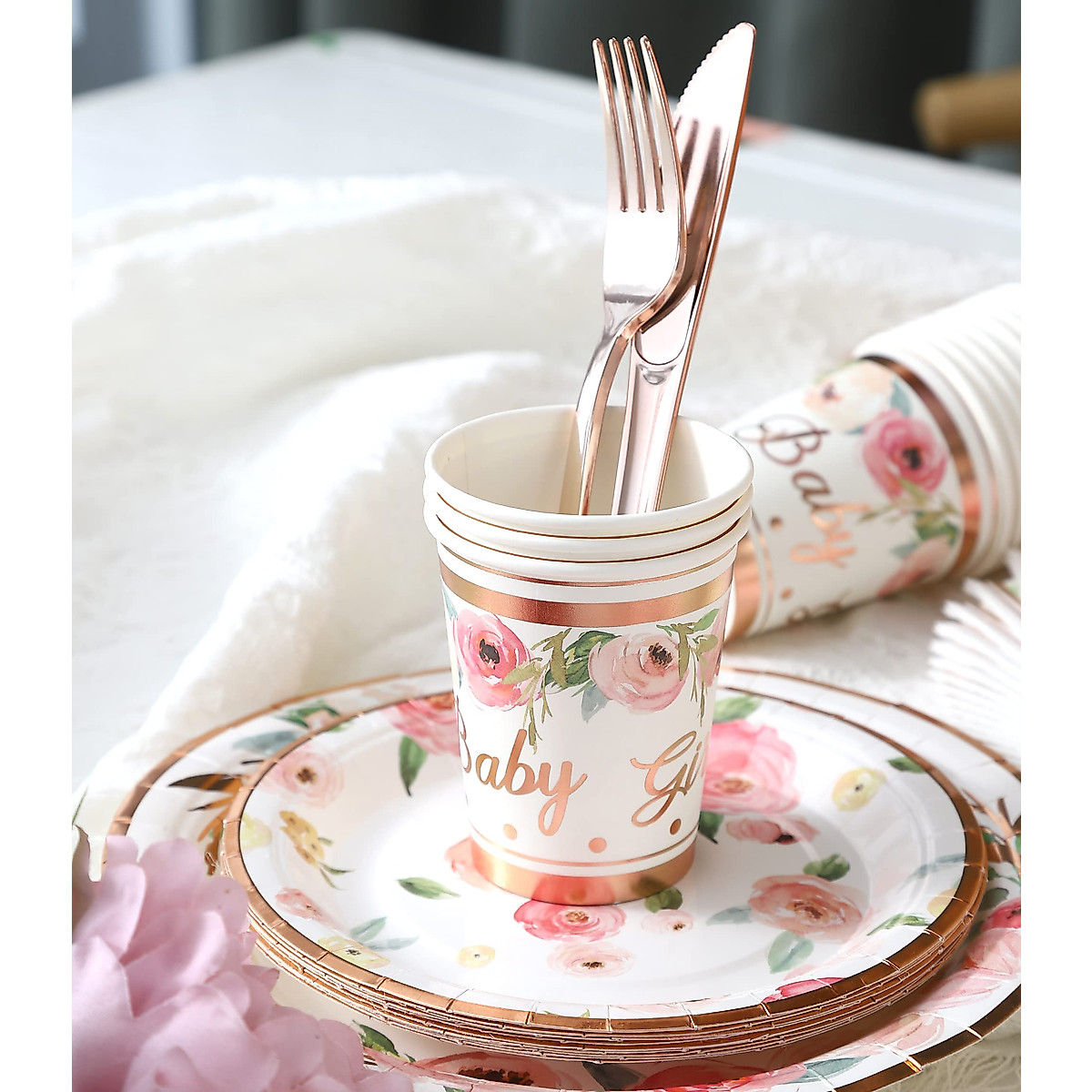 Rose Gold Baby Shower Plates and Napkins Girl - Serves 16 - Includes Baby Girl Plates Cups Napkins Knifes Forks Floral Baby Shower Decorations for Girl Baby Shower Favor Decor Party Supplies