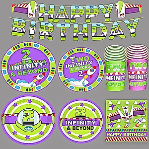 METIXOZE Two Infinity and Beyond Birthday Decorations Buzz Cartoon Light inspired Year Toy Inspired Story Birthday Party Supplies 2nd Birthday include Banner Table Cloth Plate Napkins and Cups