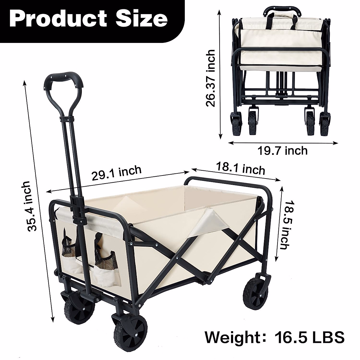 Collapsible Folding Wagon, Outdoor Beach Wagon, Collapsible Wagon Heavy Duty with Two Drink Holders, Wagon Cart with Wheels Foldable for Camping Shopping Sports