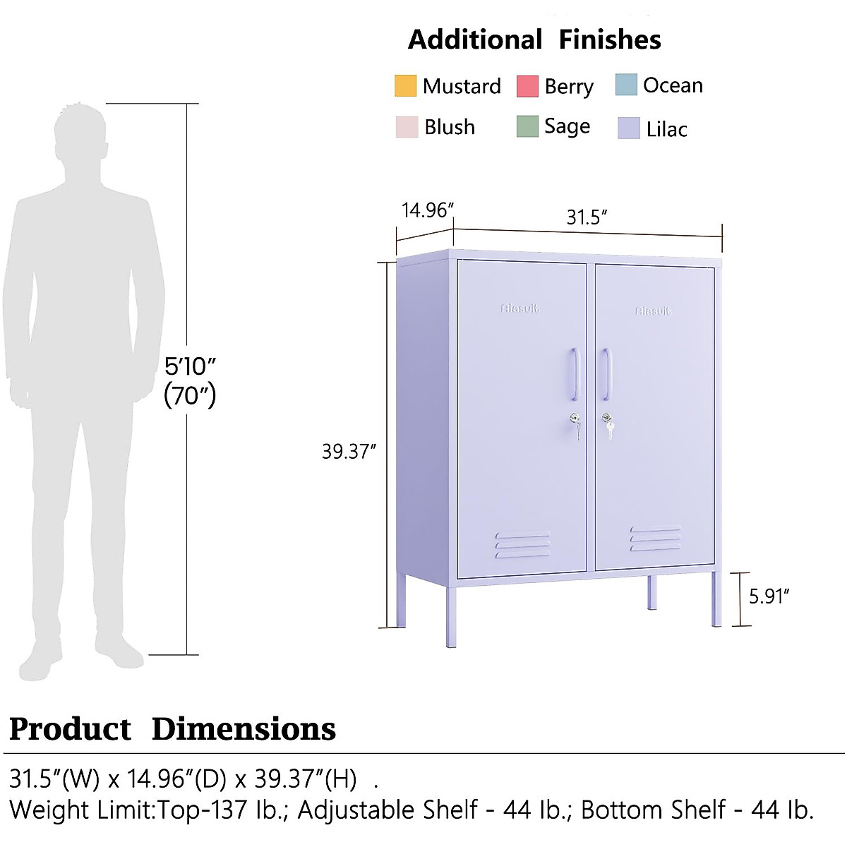 Aiasuit 2 Doors Lockable Metal Storage Cabinet 3 Tiers Shelf Multifunctional Storage Organizer Detachable Shelves Easy to Assemble Purple Size: 39.37”H x 31.5”W x 14.96”D