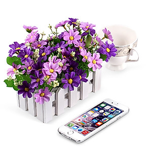 Louis Garden Artificial Flowers Fake Daisy in Picket Fence Pot Pack - Mini Potted Plant (Daisy-Purple)