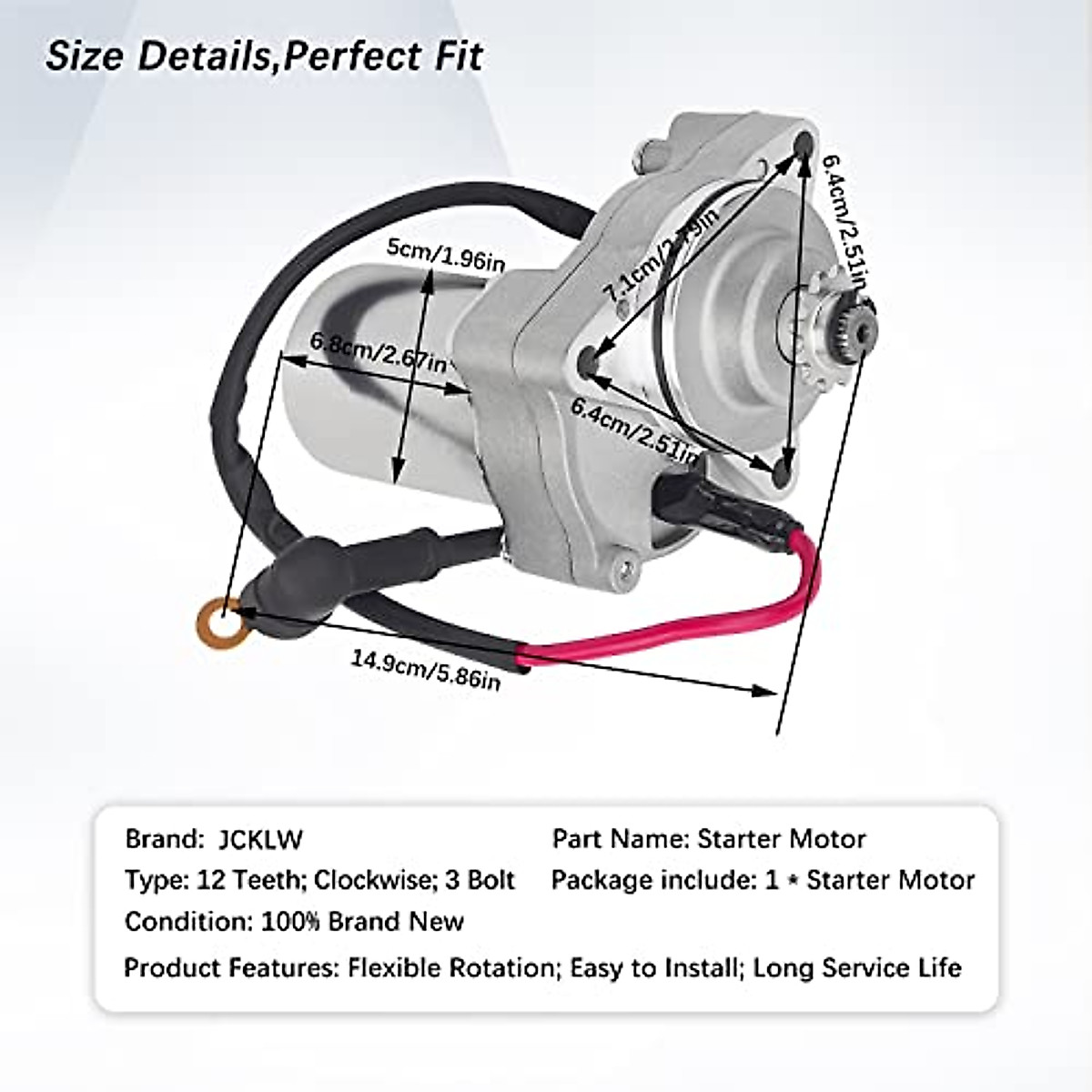 JCKLW Starter Motor for 50cc 70cc 90cc 100cc 110cc 125cc ATV Dirt Bike Pit Bike Dune Buggy Sandrail Quad 4 Wheelers SSR Roketa Tao tao Coolster Jonway SunL Go Karts,3 Bolt Electric with Line