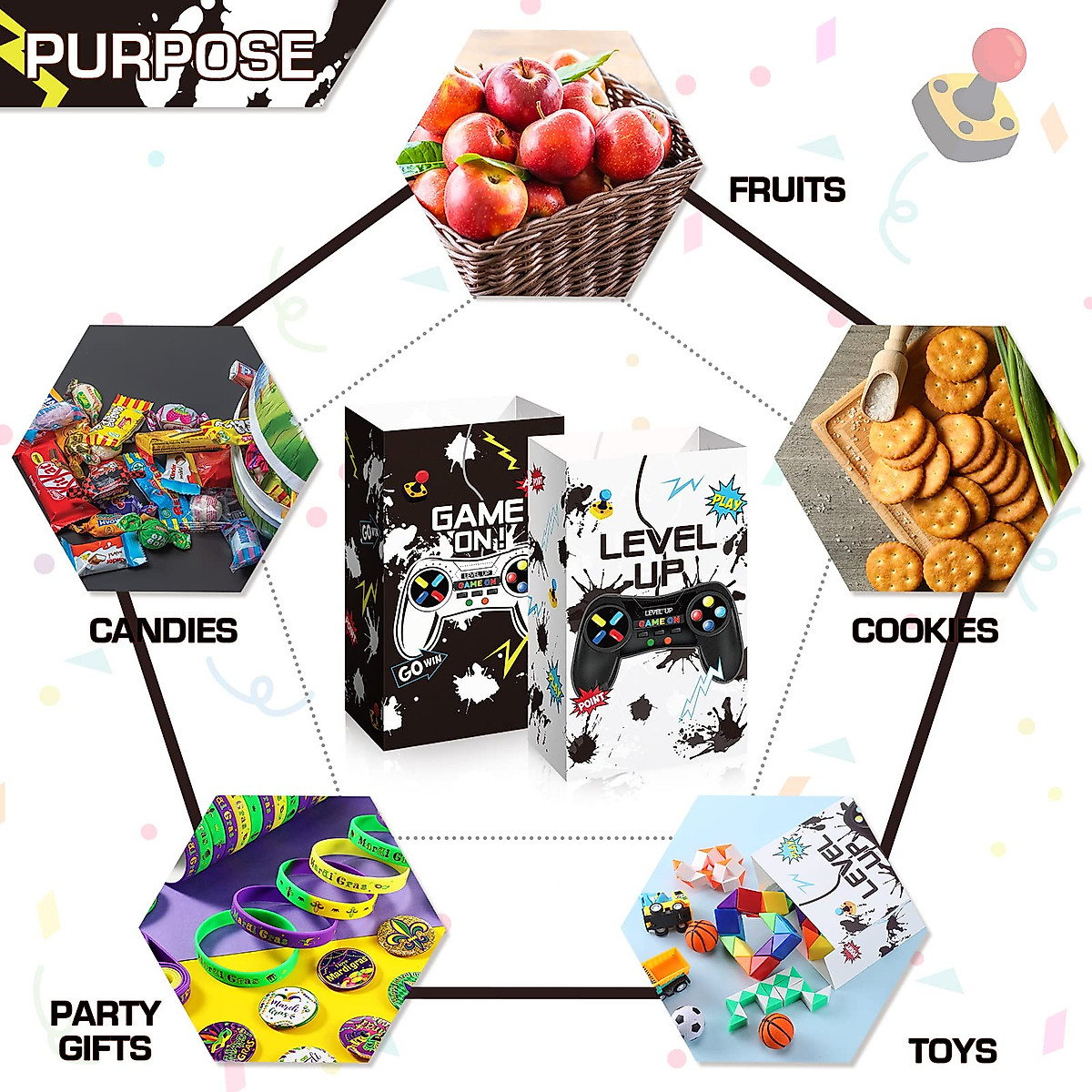 30 Pcs Video Game Party Paper Bags Gaming Party Favors Gift Bags Gamer Theme Party Goodie Bags Boys Birthday Party Decorations Treat Candy Bags with 30 Stickers (White, Black)