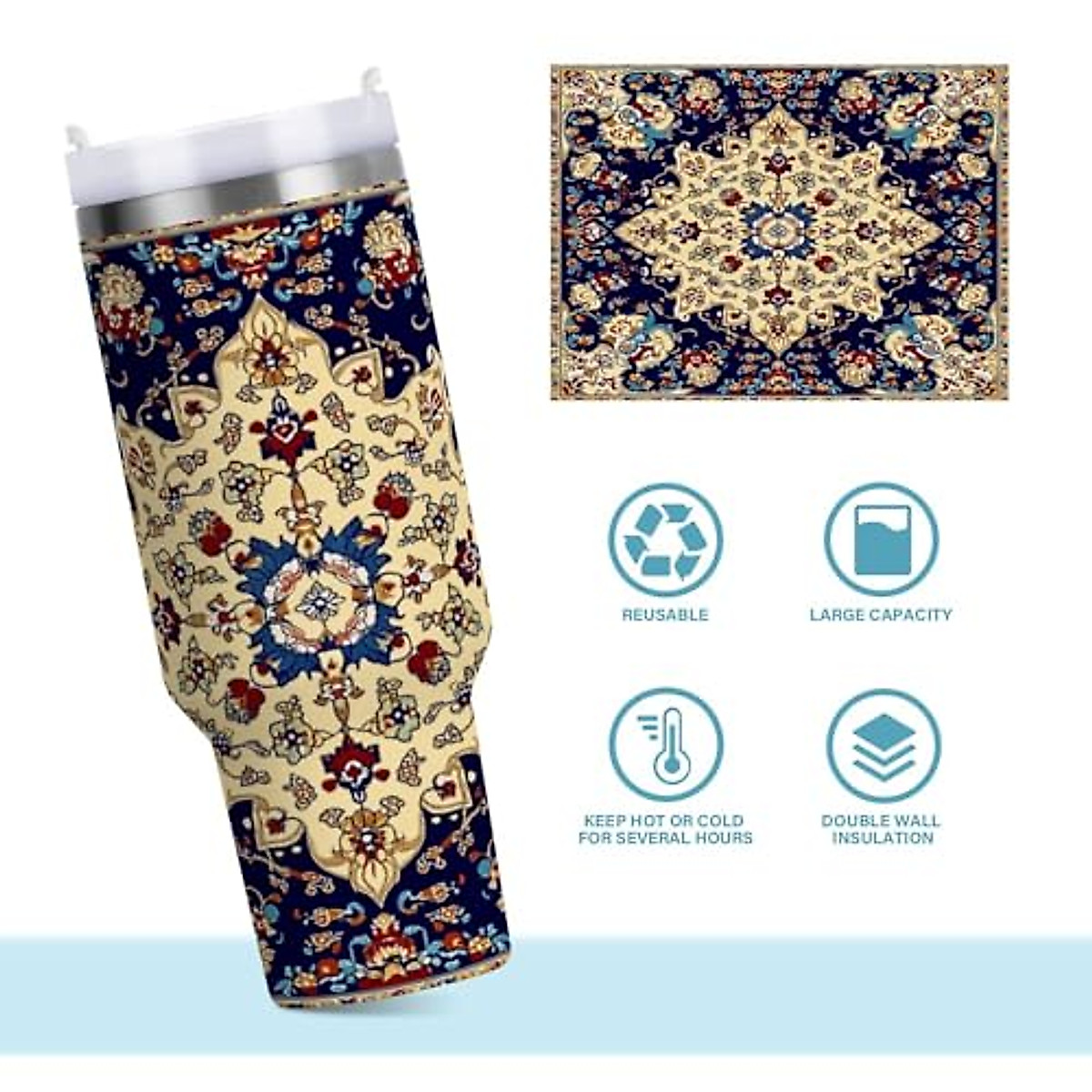 Jihqo Baroque Style Flowers 40 oz Stainless Steel Vacuum Insulated Tumbler with Handle and Straw Lid, Leakproof Water Bottle Double Wall Travel Mug Coffee Cup, Cupholder Friendly