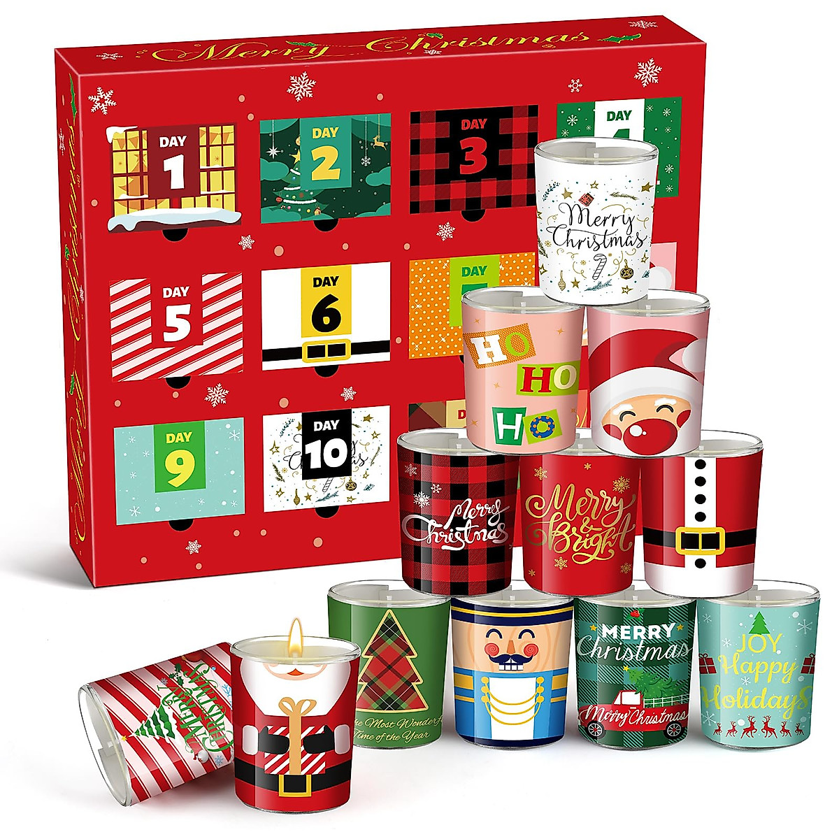 Zhanmai 12 Days Novelty Advent Calendar Candles 2024 Twelve Days of Christmas Votive Candles with Countdown Box 1.6 oz Scented Glass Filled Votives for Xmas Christmastide Holiday Gift