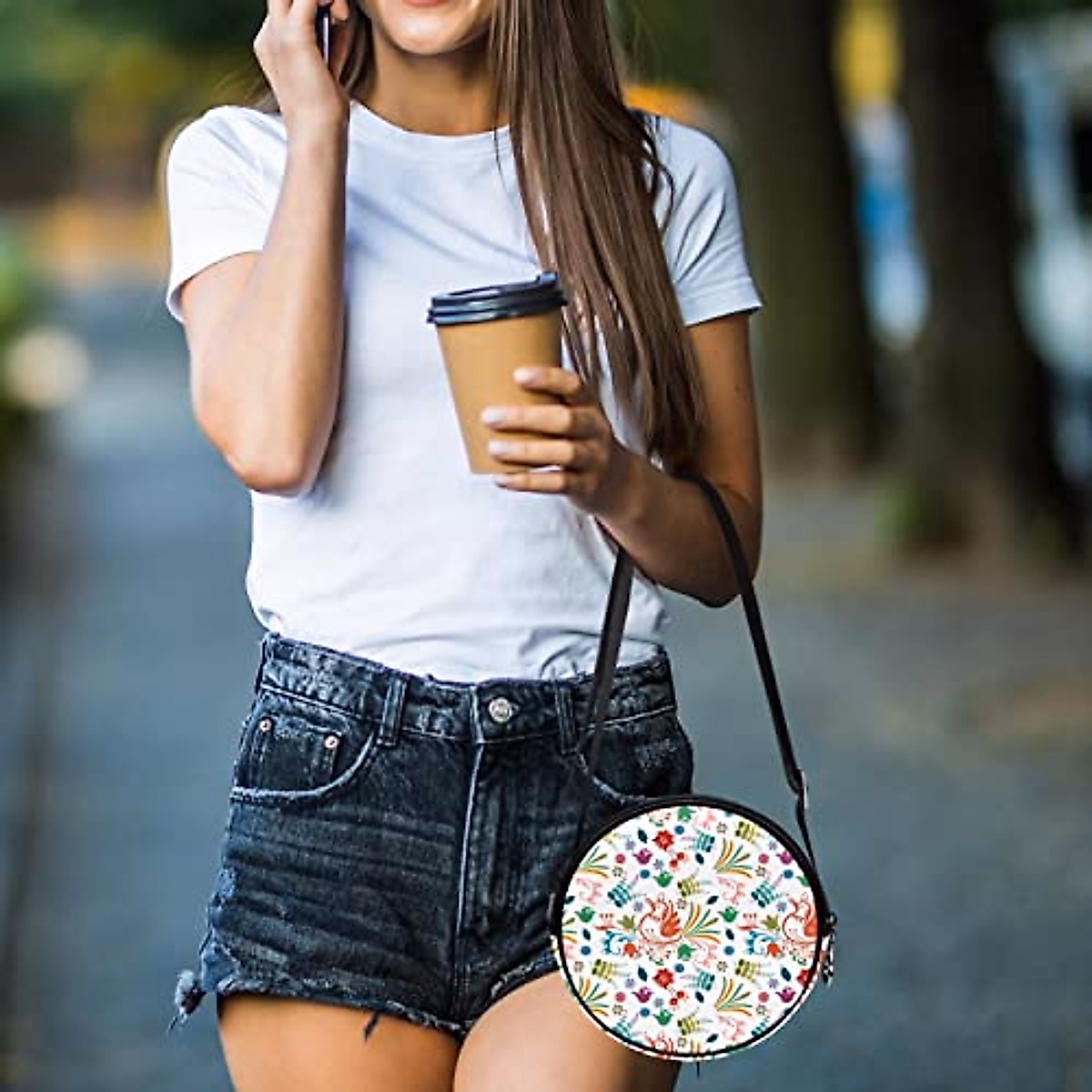 Beautiful Bird Floral Colorful Crossbody Bag for Women Teen Girls Round Canvas Shoulder Bag Purse Tote Handbag Bag