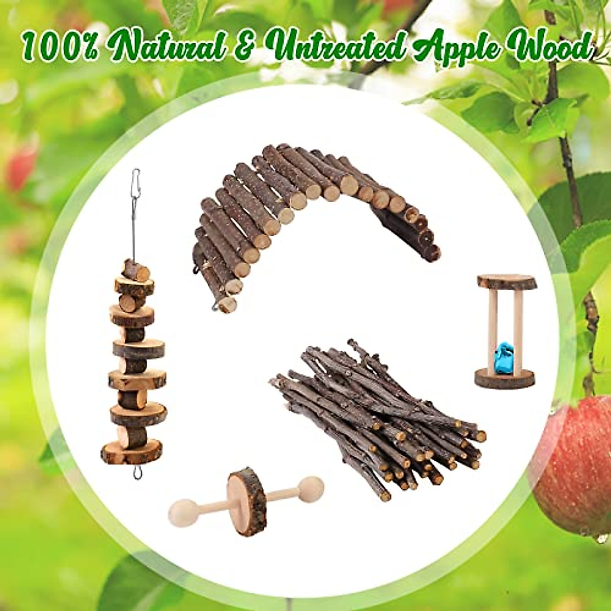 OUTFANDIA 13 Pack Hamster Wooden Chewing Toys, Wooden pet chew Toys, Molar Teeth Care Natural Apple Wood Exercise Balls & Wheels Bell Roller Climbing Toys for Hamsters and Small Rodents.