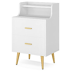 Tribesigns Nightstand, Modern Bedside Table with 2 Drawers and Heightened Open Shelf, End or Side Table with Golden Metal Legs, Bed Night Table for Bedroom(White), Storage Wooden Night Stand (1 pc)