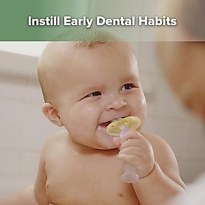 haakaa 360° Baby Toothbrush with Suction Base - Gentle Cleaning for Infant Self-Brushing Training, Food-Grade Silicone, Adjustable Safety Shield - Translucent (1 Piece)