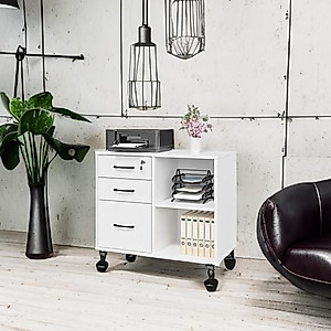 3 Drawer Office File Cabinets, Mobile Lateral Printer Stand with Open Storage Shelf, Rolling Filing Cabinet with Wheels Home Office Organization and Storage (White)