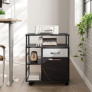 HOMOOI 2-Drawer Lateral File Cabinet, Mobile Large Printer Stand with Open Shelves, Home Office Filing Cabinet for Hanging A4/Letter Size File Folders, Black, Wood and Metal